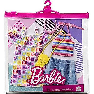 Barbie Fashions 2-Pack Clothing Set, 2 Outfits Doll Includes Summery Off-The-Shoulder Print Dress, Striped Halter Top & Denim Shorts & 2 Accessories, Gift for Kids 3 to 8 Years Old