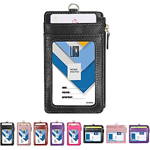 Badge Holder with Zipper, Wisdompro School Supply 2-Sided PU Leather College ID Badge Holder with 1 ID Window, 4 Card Holder Slots, 1 Side Pocket and 20 Inch Leather Neck Strap Lanyard -Vertical Black