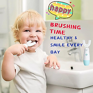 Meqtpomy Kids Electric Toothbrush，6 Cleaning Models Toddler Toothbrush Waterproof Battery Powered 360 Automatic Sonic u Shaped Toothbrushes for 2-7 Years Old for Boys Girls（Blue）