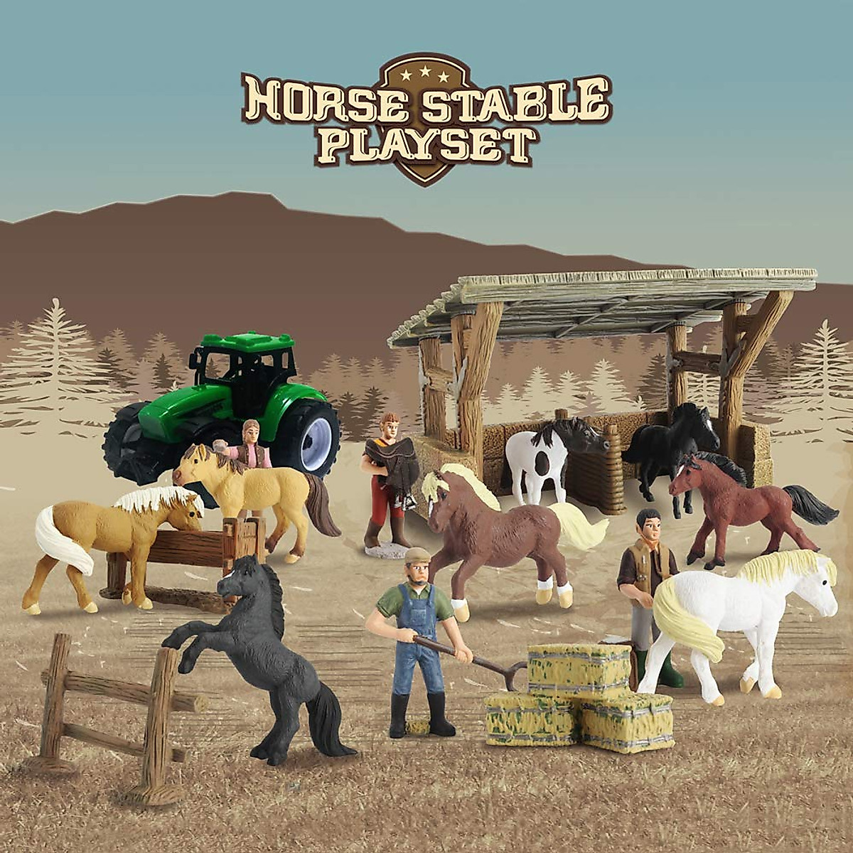 DINOBROS Horse Stable Playset Toys for Boys and Girls Ages 3 and Up Includes 8 Horses and Accessories 17 Piece Horse Stall Farm Set with Portable Case