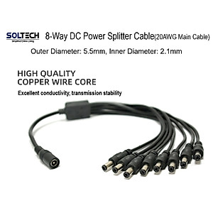 SOLTECH 8 Way DC Power Supply Splitter for Security Cameras 1 Female to 8 Male 5.5 * 2.1mm 8 Channel Y Adaptor for CCTV Surveillance Cameras (1)