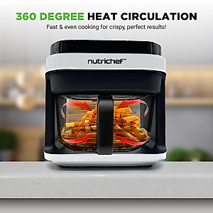 Nutrichef 5.8 Quart Air Fryer | 8-1 Preset Cook Modes | Transparent Fry Bowl for Best Cooking Results | Cook Shrimp, Steak, Fries, Wings, Chicken & More | Precise Temperature Control & Time | White