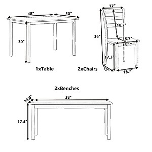 NCKMYB 5 Piece Dining Set, Rectangular Dining Table with 2 Chairs and 2 Benches, Rustic Wooden Dining Set for Kitchen Dining Room Restaurant (Grey)