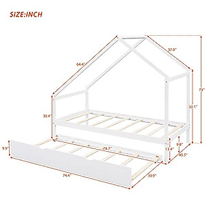 YuiHome Twin Size House Bed for Kids, Twin Size Bed Frame with Trundle Bed, Wooden Kids House Twin Bed Frame for Girls, Boys,No Box Spring Needed,White