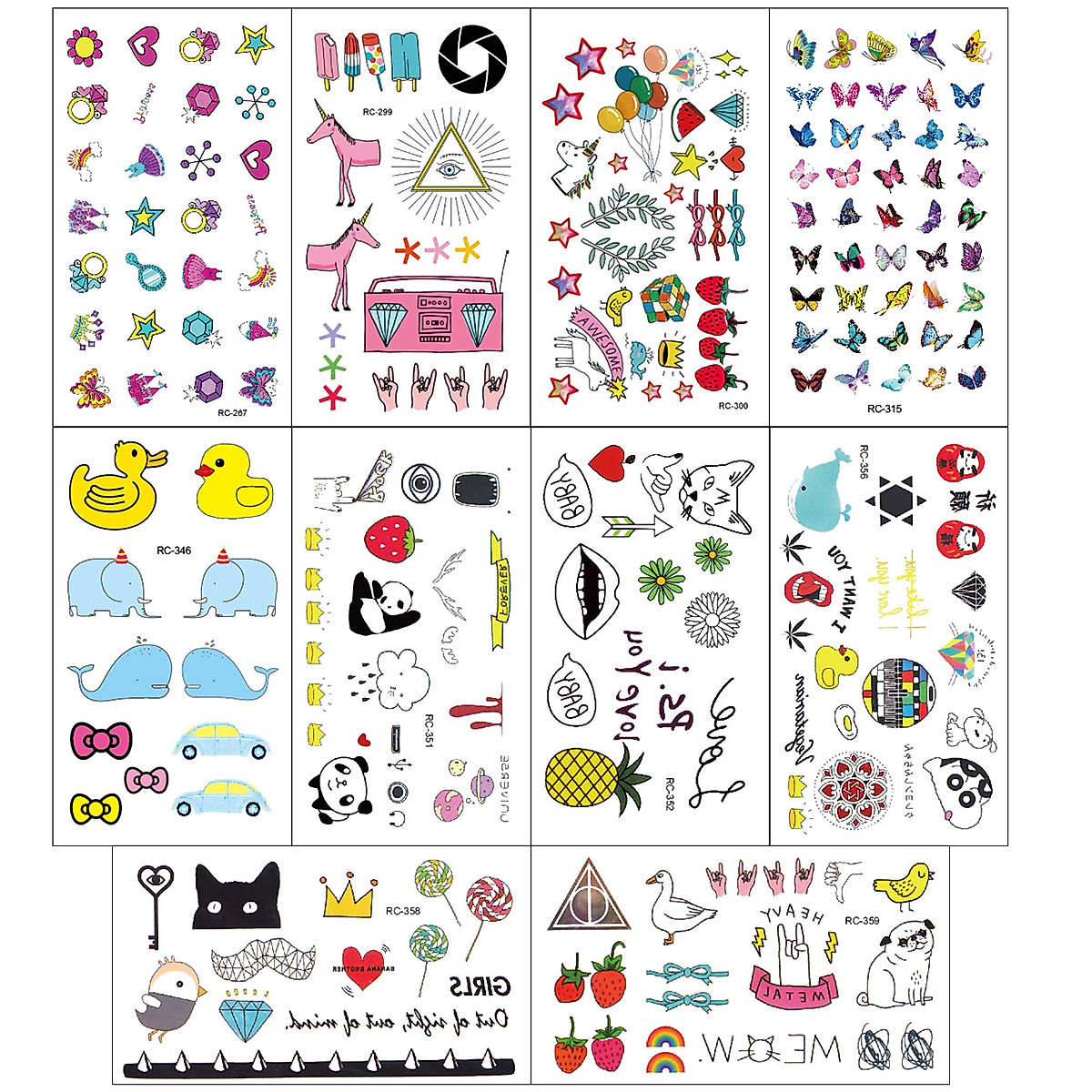 Konsait 300+pcs Temporary Tattoos for Kids Boys Girls Children's Birthday Party Bag Filler Gift Party Favors, 200+ Kids Fake Tattoo Stickers- Animal Fruit Butterfly Monster Fairy Panda Whale