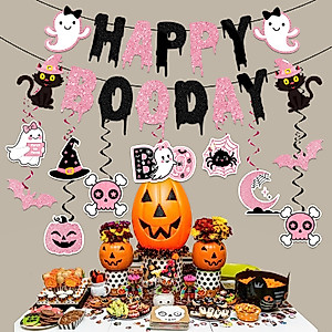 Pink Halloween Party Decorations, Halloween Birthday Party Decorations Includes Happy Boo Day Banner and Halloween Hanging Swirls, Pink Halloween Party Decor for Halloween Outdoor Indoor Supplies