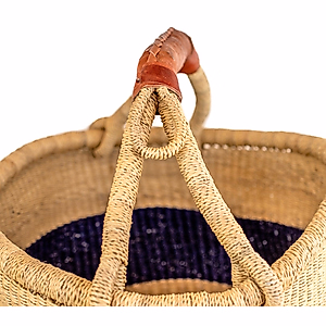 The Bead Chest African Bolga Basket | Genuine Leather Handle | Woven Handmade Fair Trade Product | 100% Authentic Ghanaian | 16-18 Inches Across | Indigo Blue - Striped