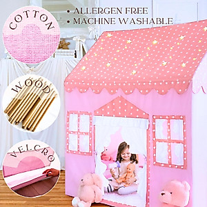 Large Cotton Tent for Kids - 50"x43"x63" Indoor Playhouse with Wooden Frame & Battery Lights, Kids Tent with Carry Bag, 3 Windows & 2 Pockets, CPSC Certified Play House for Girls and Boys