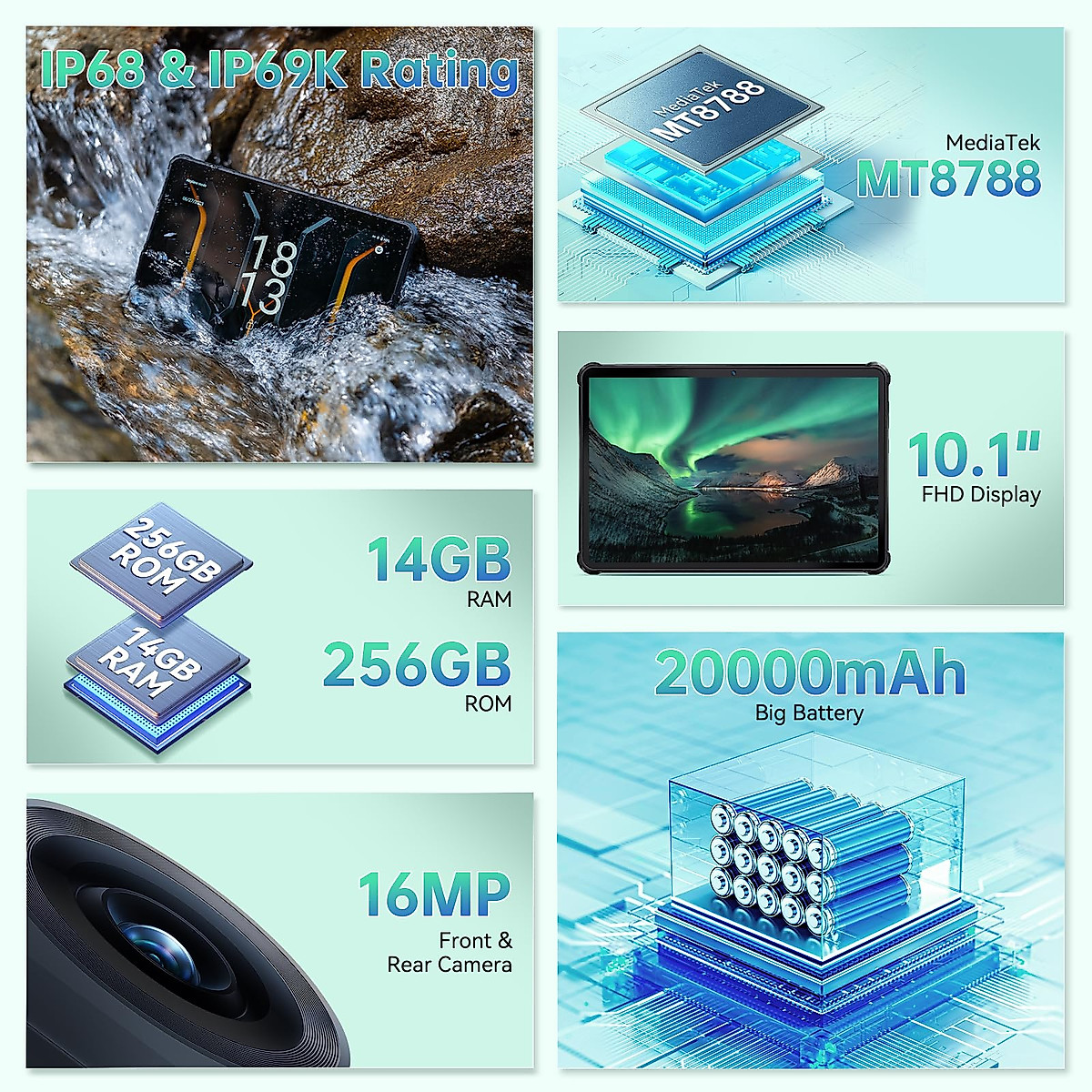 OUKITEL RT6 10.1in 20000mAH/77WH Android13 Tablet,14GB+256GB(1TB) 1200×1920 FHD+ Rugged Tablet,16MP+16MP Camera 8-core 4G LTE Waterproof Tablet/33W Fast Charging/OTG/Reverse Charge/T-Mobile/Wi-Fi