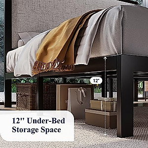 Allewie Full Size Bed Frame with 47'' Tall Upholstered Headboard, High Metal Bed Frame with 12'' Under-Bed Storage Space/Wood Slats Support/Easy Assembly/No Box Spring Need/Noise-Free/Grey