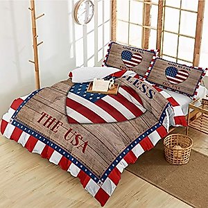 Independence Day Queen Duvet Covers American Flag Love Wood Plank 3-Piece Bedding Sets Luxury Soft Microfiber Bed Comforter Protector with Pillow Cases for Women Men Girl Boy Red White Plaid