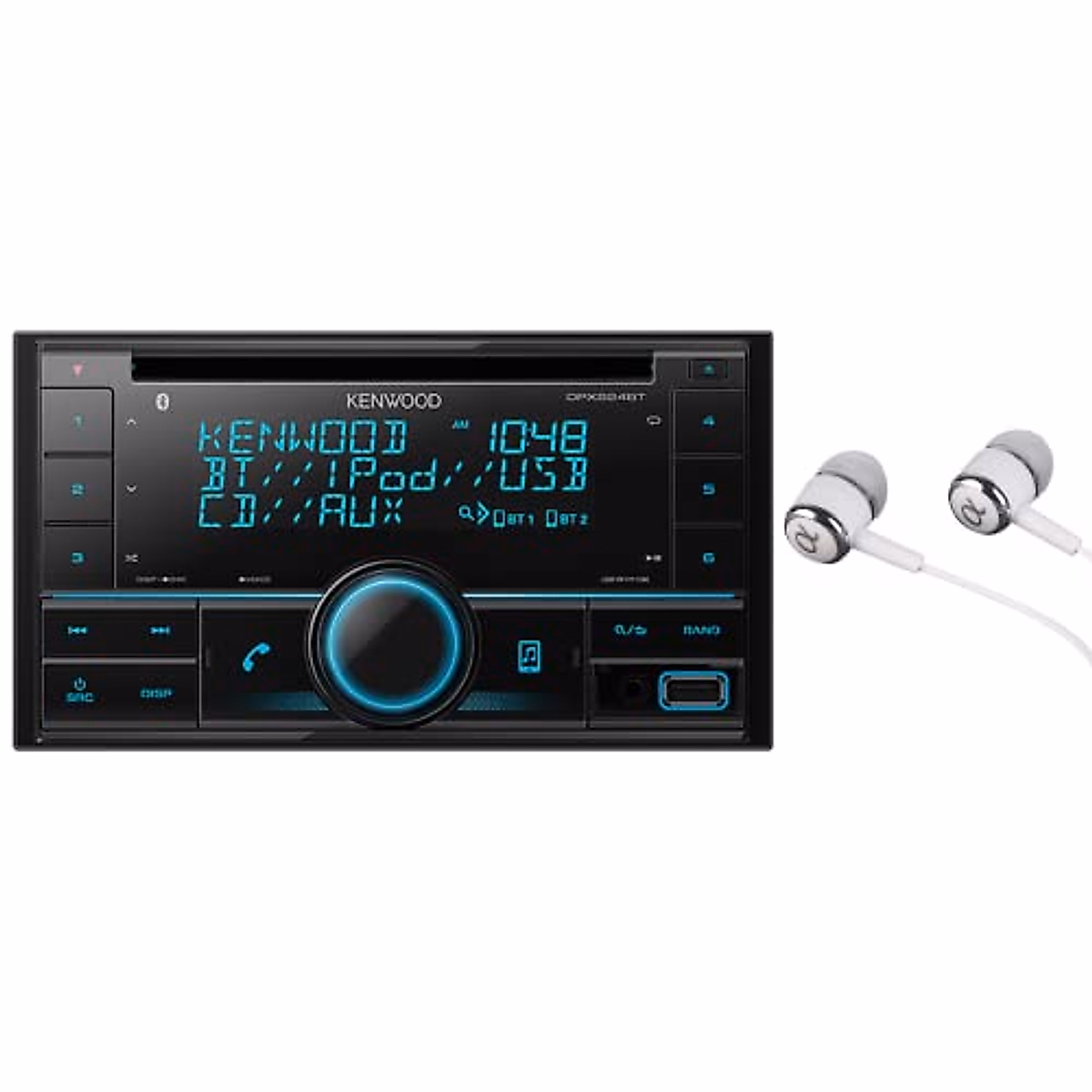Kenwood Double-DIN In-Dash CD/MP3/USB Bluetooth AM/FM Car Stereo Receiver High Resolution Audio Compatibility Pandora/iHeart Radio/Spotify/iPhone and Android App Ready with ALPHASONIK EARBUDS