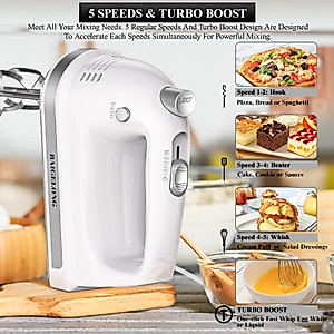 BAIGELONG Hand Electric Mixer, 300W Ultra Power Food Kitchen Mixer with 5 Self-Control Speeds + Turbo Boost, 5 Stainless Steel Attachments Handheld Mixer for Baking, Black