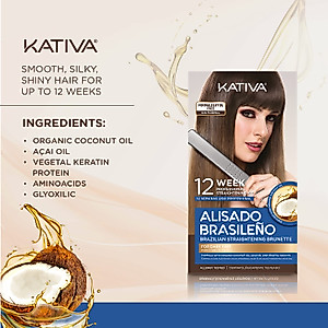 Kativa Brazilian Straightening Brunette Kit, 12 Weeks of Home Use Professional Straightening, with Organic Coconut Oil, Açai Oil, and Keratin, for Straighter, Softer and Shinier Dark-Coloured Hair