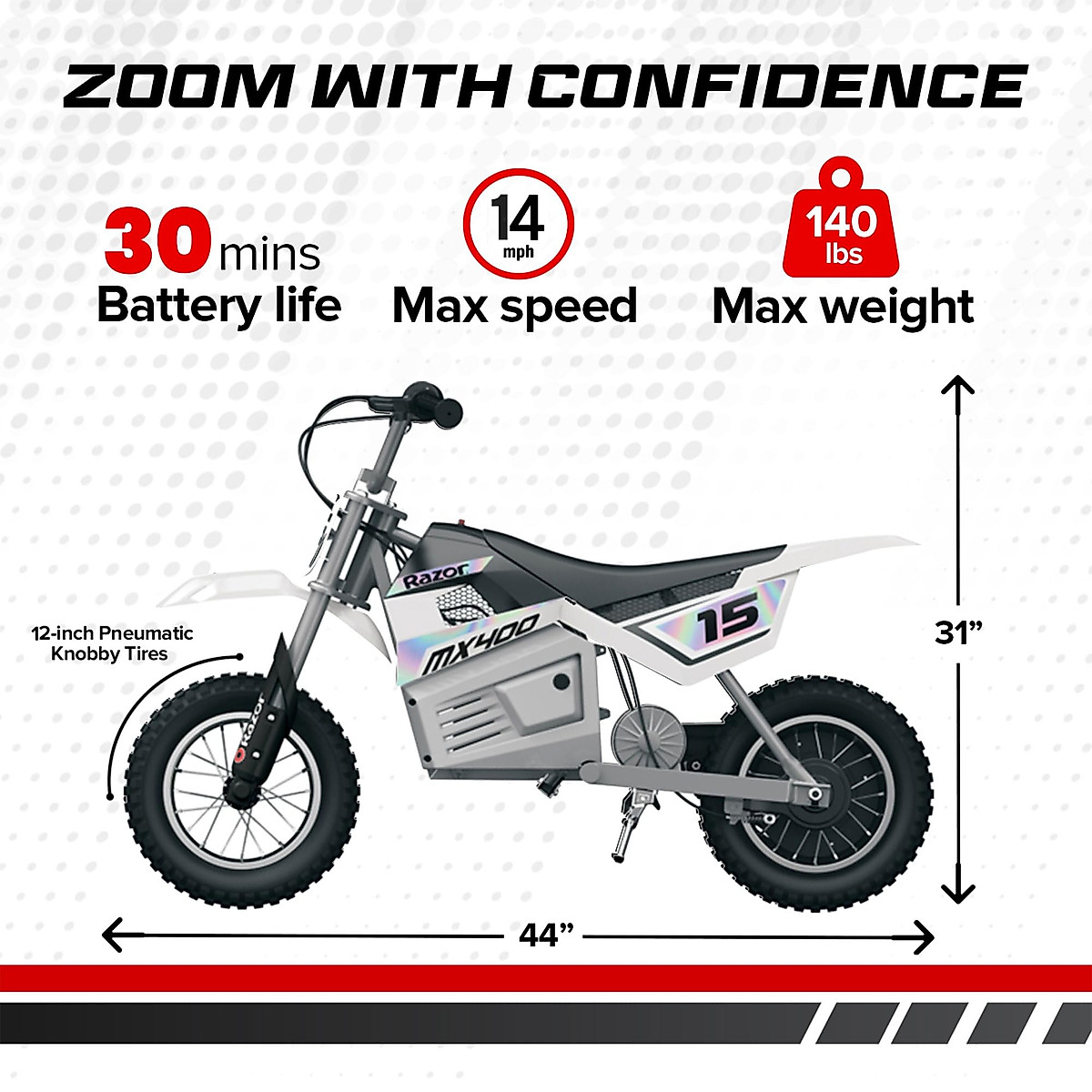 Razor MX400 Dirt Rocket 24V Ride On High-Torque Electric Motocross Motorcycle Toy Dirt Bikes, Speeds up to 14 MPH, for Ages 13+, 1 White & 1 Green