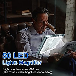 Magnifying Glass with Light and Stand, Silver 4X Page Magnifier for Reading, Foldable 50 LED Large Magnifying Glass Ideal for Seniors, 2 Power Options, 3 Usage Modes