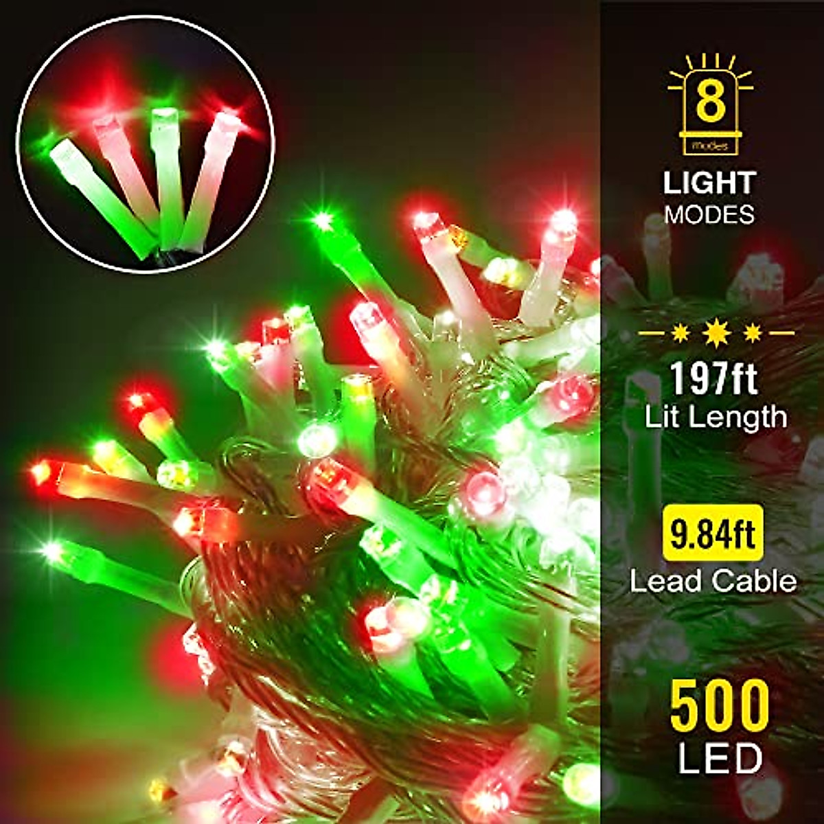 Heceltt Christmas Lights Outdoor, 197FT 500 LED Christmas Lights 8 Modes and Timer Memory Function Christmas String Lights Waterproof Plug in for Xmas Wedding Party Holiday Decor
