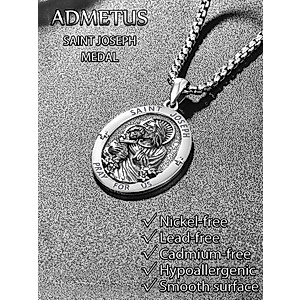ADMETUS St Joseph Medal for Men 925 Sterling Silver Oval Saint Joseph Pendant Necklace Protection Jewelry Religious Gifts