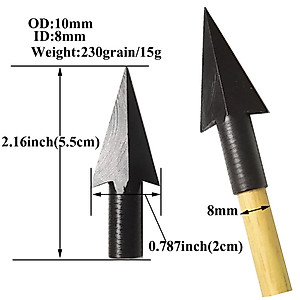 AMEYXGS 6/12pcs 8mm Diameter Metal Traditional Broadheads Archery Glue on Arrowheads for Wooden Bamboo Arrows (12)