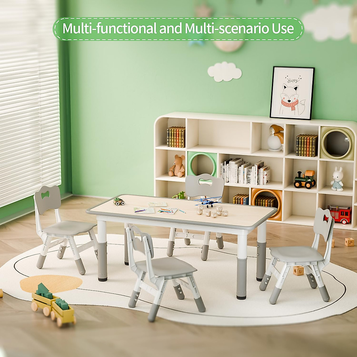 Detskehrcky Adjustable Kids 48 Inch Table and 4 Chairs Set, Kid Table and Chairs Set, Toddler Table and Chair Set, Multi-Activity Table, Graffiti Desktop, Home, Classroom, Daycare, Gray