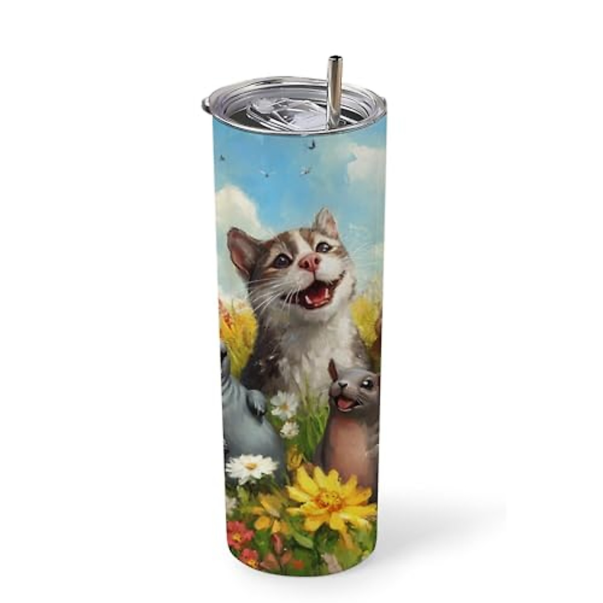 Tumbler with Lid and Straw Cartoon Animals in Flowers thermos coffee travel mugcute cups 20 oz insulated tumbler for Daily Holiday Decor Gift coffee cup