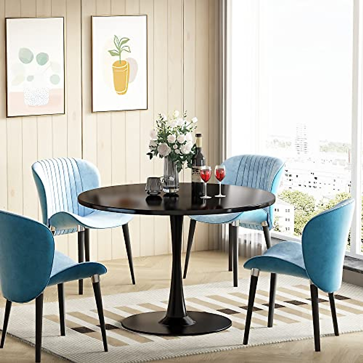 Recaceik Modern Round Dining Table, 31.5'' Tulip Table with MDF Table Top & Metal Pedestal Base for Dining Room Living Room Cafe, Kitchen w/ 0.71” Thickened Tabletop for 2-4 People, Black