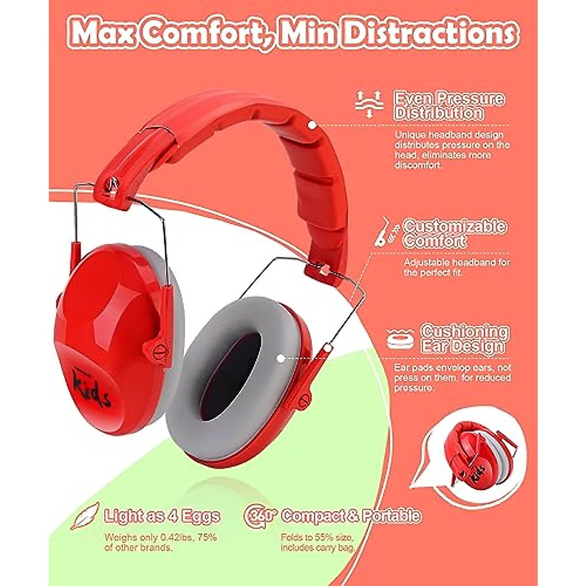 PROHEAR 032 2.0 Noise Cancelling Headphones for Kids - 25dB Noise Reduction - Adjustable Sensory Ear Protection Muffs for Concert, Fireworks, Monster Truck Shows, School - Red