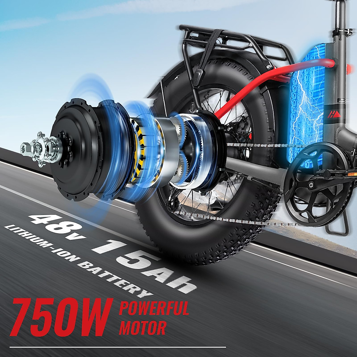 Hipeak Elias Ebike Folding Electric Bike for Adults 750W Speeds Up to 25MPH Large 48V 15Ah Removable Battery 20" x 4.0"Fat Tire Electric Bicycle with Front Dual Suspension,UL2849 Certified