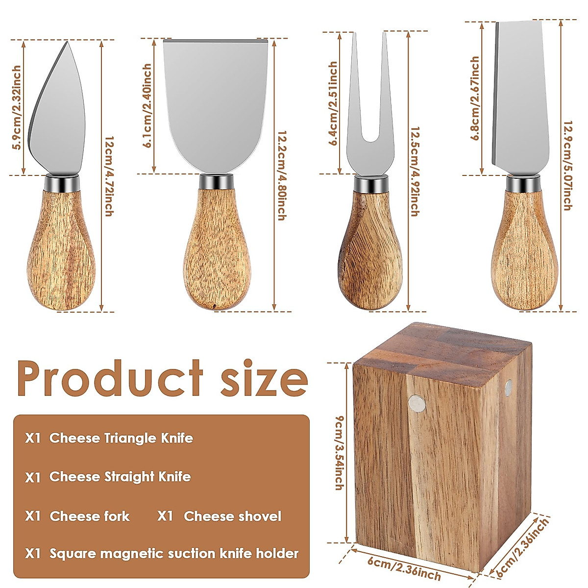 Wekvgz Cheese Knife Set, 4 Small Stainless Steel Charcuterie Board Utensils with Magnetic Acacia Wood Holder, Cheese Cutter Set (A)