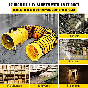 VEVOR Utility Blower Fan, 12inch Portable Ventilator 3900m³/h 1900rpm 2800rpm High Velocity Two-Speed Cylinder Fan 520W Utility Blower with 5m Duct Hose, 110V