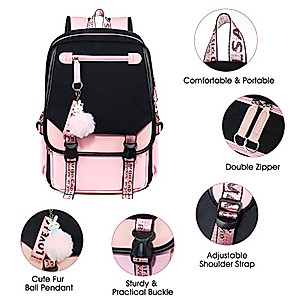 Bevalsa Backpack with Lunch Bag Bookbag Set for Girls Kids Middle High School College Student 21L Casual Daypack Children Schoolbag Bookbag with USB Charging Port (Pink)