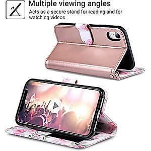 ULAK Compatible with iPhone XR Wallet Case for Women, Premium PU Leather Folio Flip Case with Card Holders Kickstand Wrist Strap, Shockproof Protective Phone Cover for iPhone XR 6.1 inch, Rose Gold