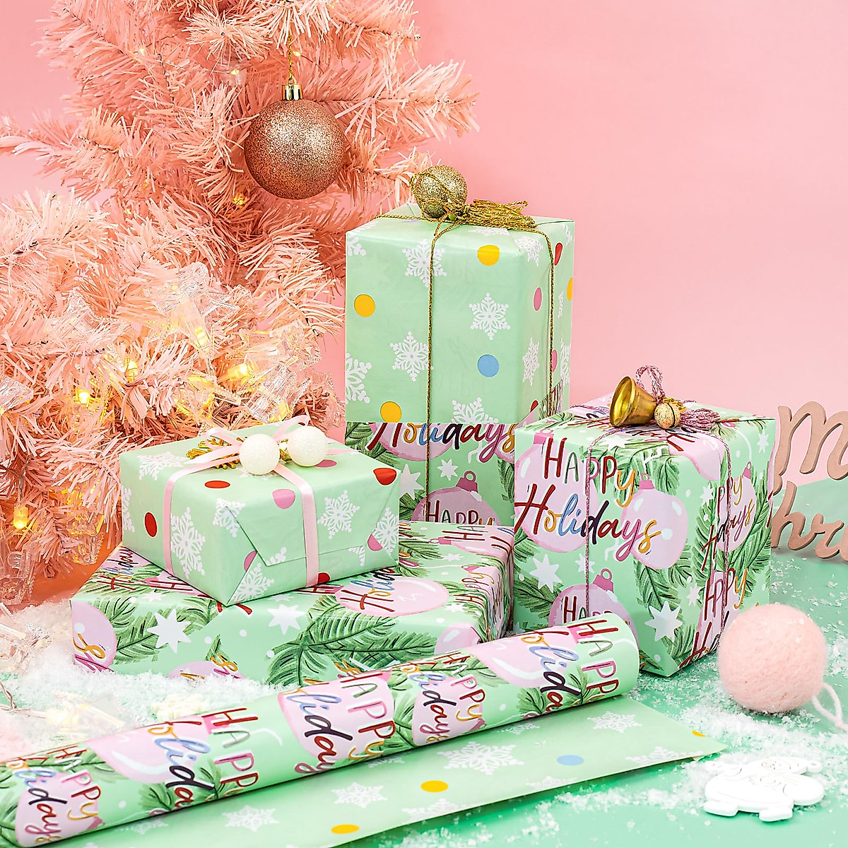 WRAPAHOLIC Reversible Christmas Wrapping Paper - Mini Roll - 17 Inch X 33 Feet - Happy Holiday Lettering with Christmas Ball Design for Chrsitmas, Holiday, Party Celebration