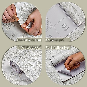 Grey Floral Wallpaper Peel and Stick Wallpaper Boho Contact Paper for Cabinets Removable Wallpaper Leaf Wallpaper for Bedroom Self Adhesive Contact Paper for Drawers Modern Wallpaper Shelf17.7"x78.8"