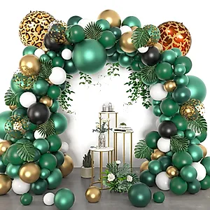 150Pcs Jungle Safari Green Balloons Garland Arch Kit, Emerald Dark Green Gold Animal Foil Balloon Tropical Palm Leaves for Safari Baby Shower Birthday Decorations for Boys Wild One Party Supplies