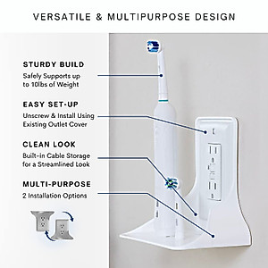 Storage Theory Power Perch Socket Outlet Shelf - Smart Home Essentials Organizer for Bathroom, Apartment, Dorm Room - Wall Shelves for Toothbrush, Echo, Speakers, Cell Phone Holder - White - 1pk