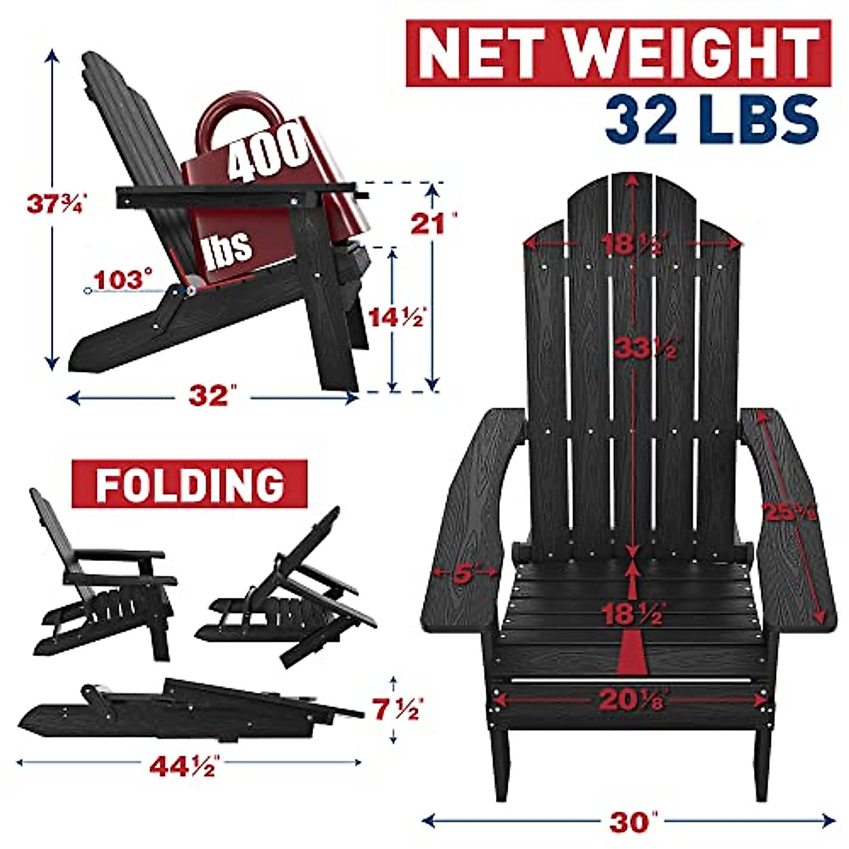 SAKSUN Folding Adirondack Chair Plastic Weather Resistant, Outdoor Chair, Patio Chairs, Lawn Chair, Outside Funiture for Porch, Garden, Deck, Fire Pit, Patio Seating