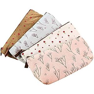 Countryside Flower Floral Cosmetic Makeup Bag Cute Floral Flower Canvas Zipper Pencil Pen Cases, Multi-functional lovely Flower Tree Fabric Coin Purse(4 Pcs)