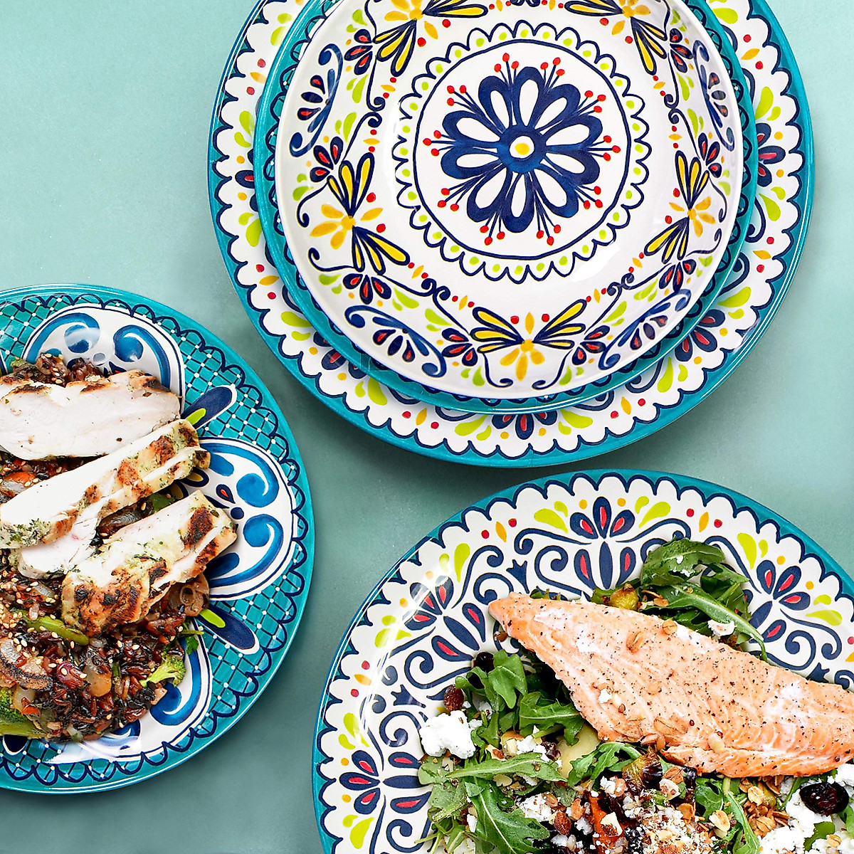 Zak Designs Melamine Dinnerware Set, 12-Piece, Service for 4, Medallion (Cool)