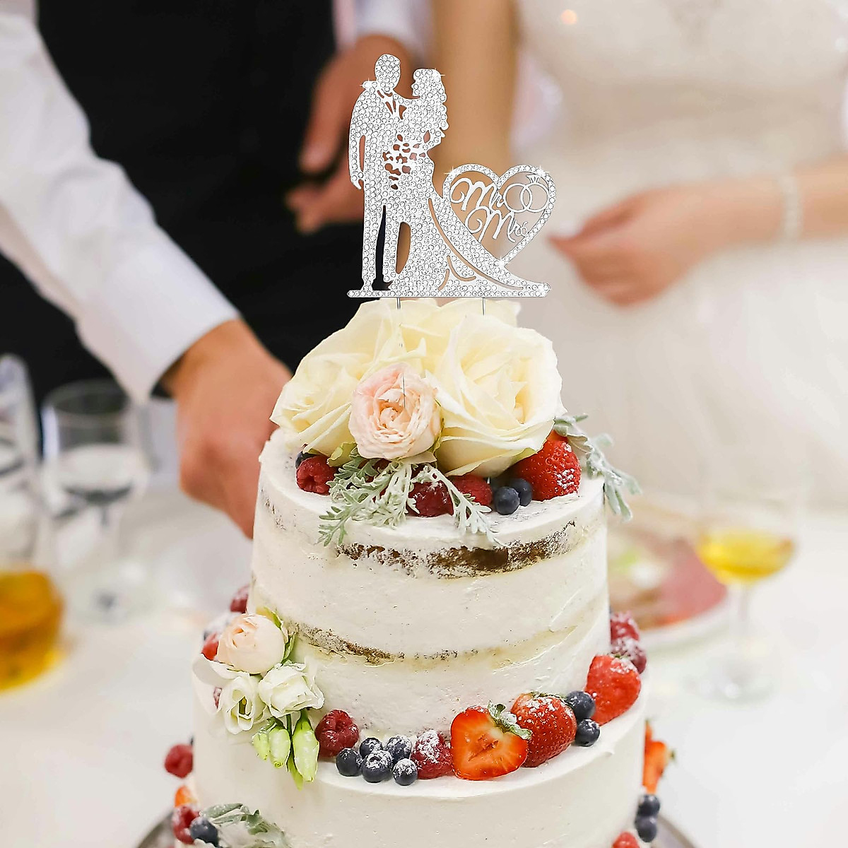 GAFATORY Wedding Cake Topper Rhinestone Metal Mr and Mrs Cake Topper Crystal Wedding Cake Decorations Bride and Groom Bridal Shower Theme Anniversary Party Silver Cake Topper