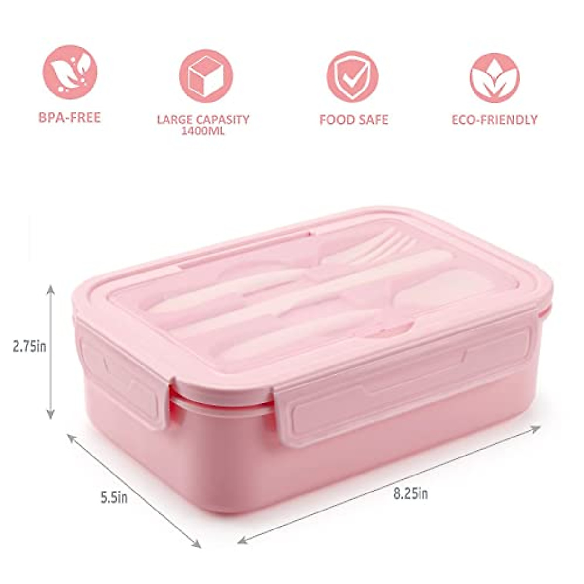 JHXTZ Bento Box For Adult, 1400ML Lunch Container Bento Boxes, Built-in Cutlery Set, Micro-Wave Dishwasher Safe(Pink)