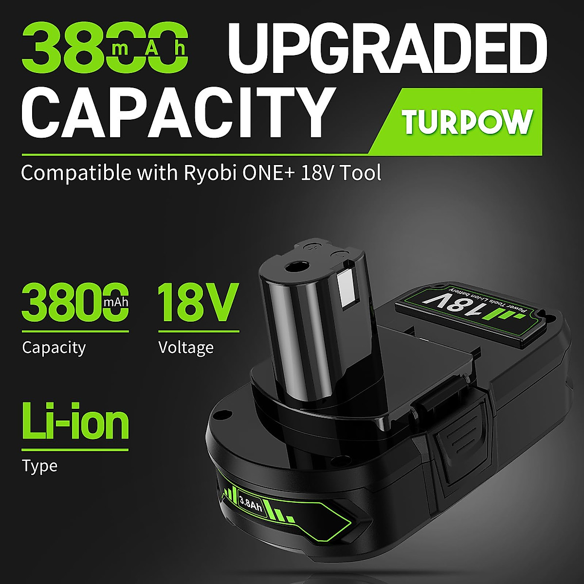 Upgraded Model 2Pack 3800mAh Replacement for Ryobi 18V Battery Lithium Compatible with Ryobi 18 Volt Battery ONE+ Plus P102 P103 P104 P105 P107 P108 P109 Cordless Power Tools