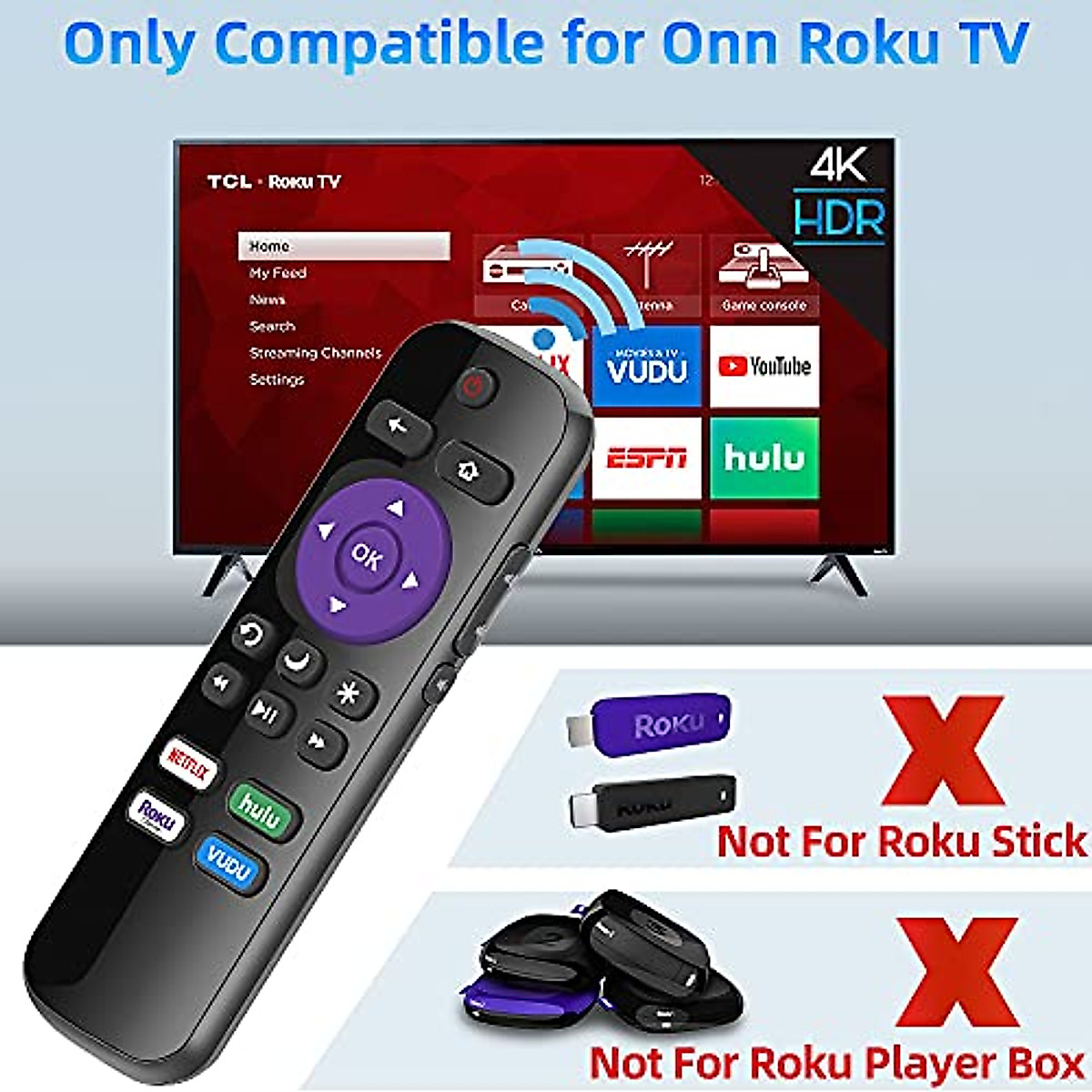 Gvirtue Replacement Remote Control Compatible for All Onn Roku Smart TV, Universal for Onn Roku TV Remote, Onn 24” 32” 40” 43” 50” 55” 58” 65” 70” Roku TV with Netflix Hulu Roku-Channel Vudu Button