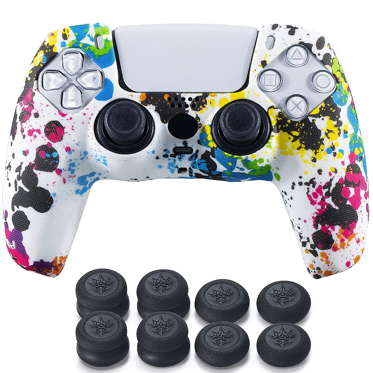 YoRHa Grip Texture Silicone Skin for PS5 Controller x 2(Graffiti) with Pro Thumb Grips x 8