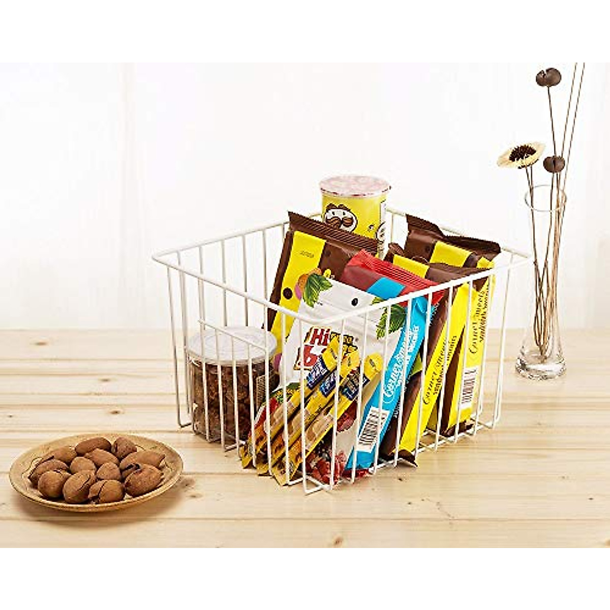 Slideep Fridge Freezer Baskets, Wire Storage Organizer Basket, Household Refrigerator Bin with Built-in Handles for Cabinets, Pantry, Closets, Bedrooms White - Set of 2