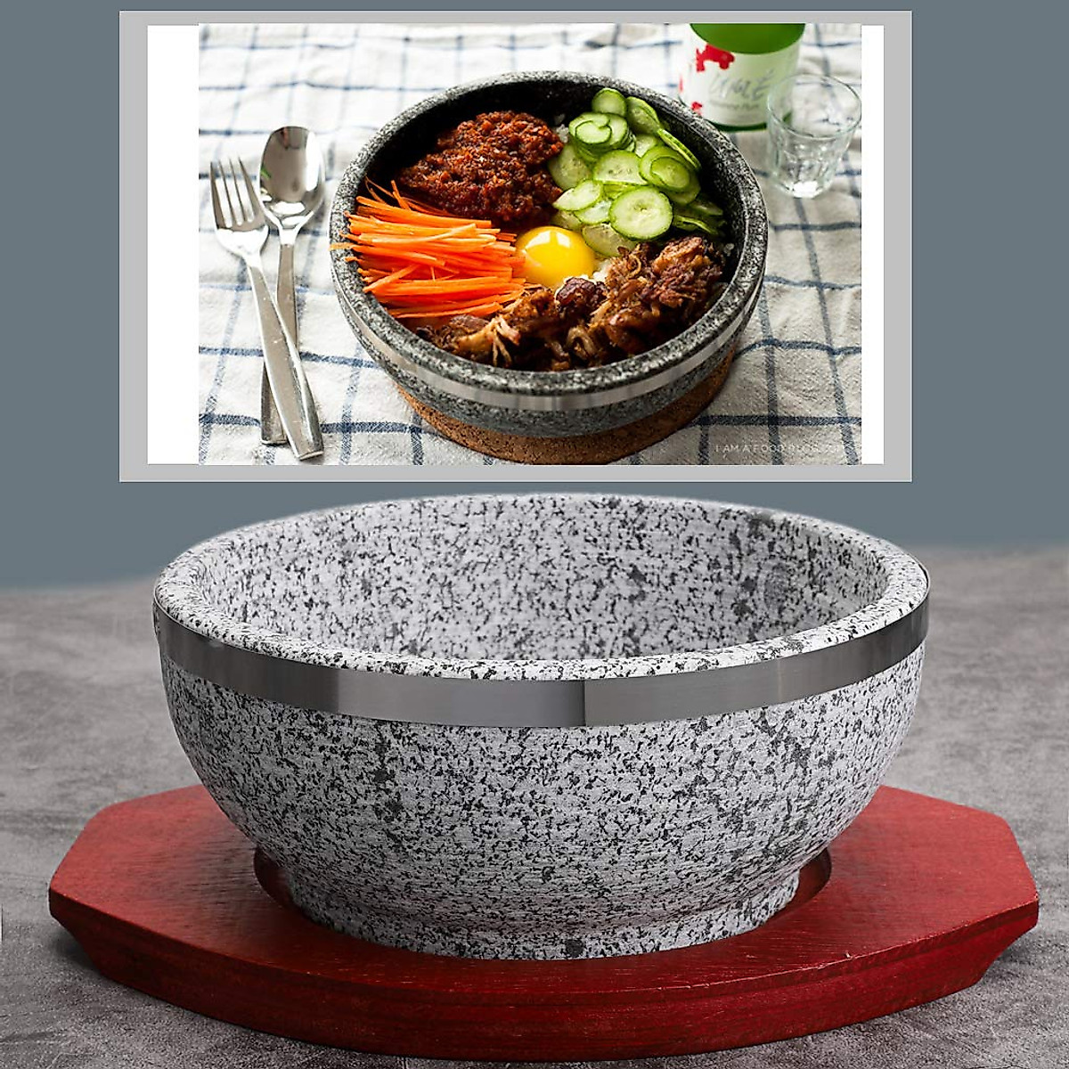 MDLUU Dolsot Bibimbap Bowl 32 Oz, Granite Stone Bowl with Wood Base, Dolsot Pot for Korean Soup, Rice and Stew