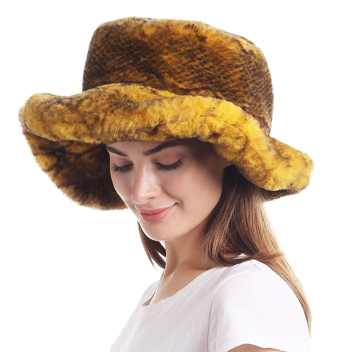 LA CARRIE Women's Snakeskin Print Faux Fur Bucket Hat Winter Warmer Fisherman Cap (Yellow)