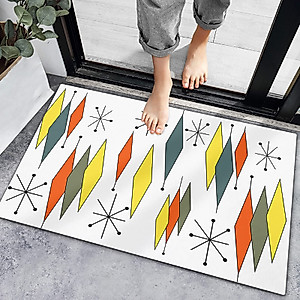 Bath Rugs Entrance Non Slip Front Door Mat Vintage Mid Century Geometric Kitchen Carpets Diamond Modern Rhombus Floor Mats for Bathroom Bedroom Living Room Decor 18"x30"