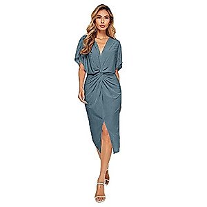 Floerns Women's Short Sleeve V Neck Twist Front Split Midi Dress Dusty Blue L