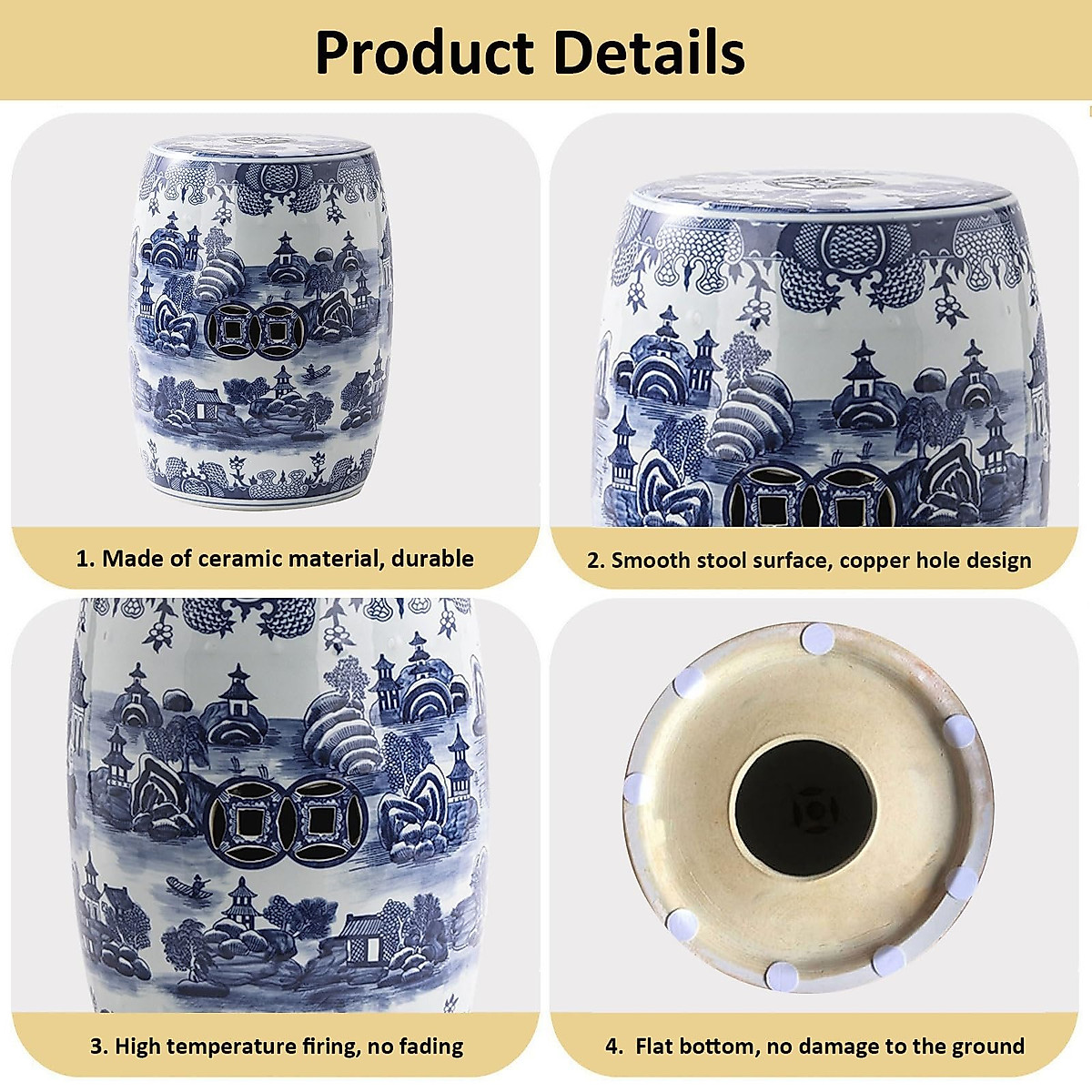 JENKEM Decorative Ceramic Garden Stool, Glazed Hollow Celadon Shoe-Changing Stool Drum Stool, Suitable for Outdoor Garden, Living Room, Terrace, Etc.